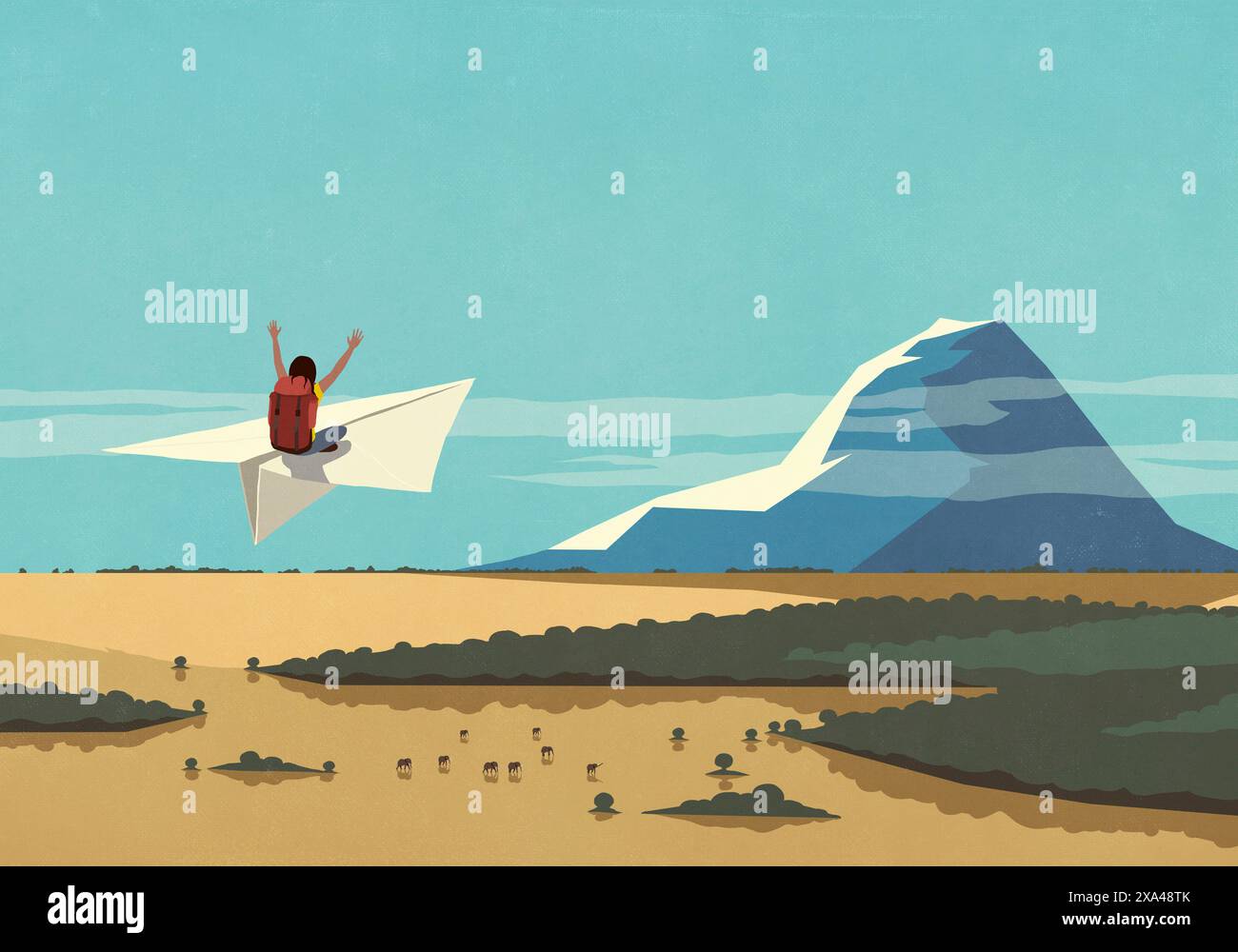 Carefree woman enjoying travel, flying on paper airplane over safari ...