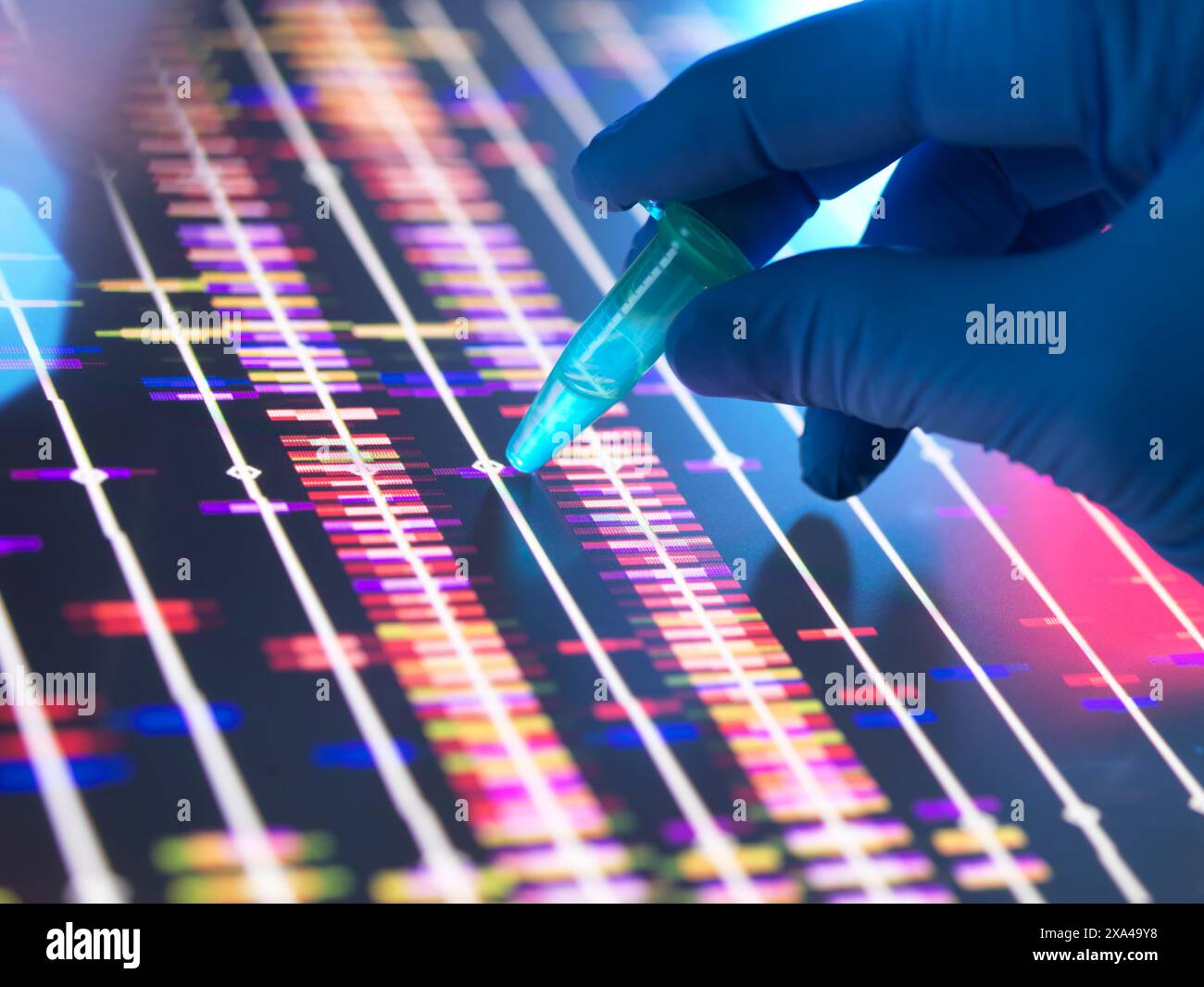 Genomic Research, Scientist holding a DNA sample in a vial with the ...