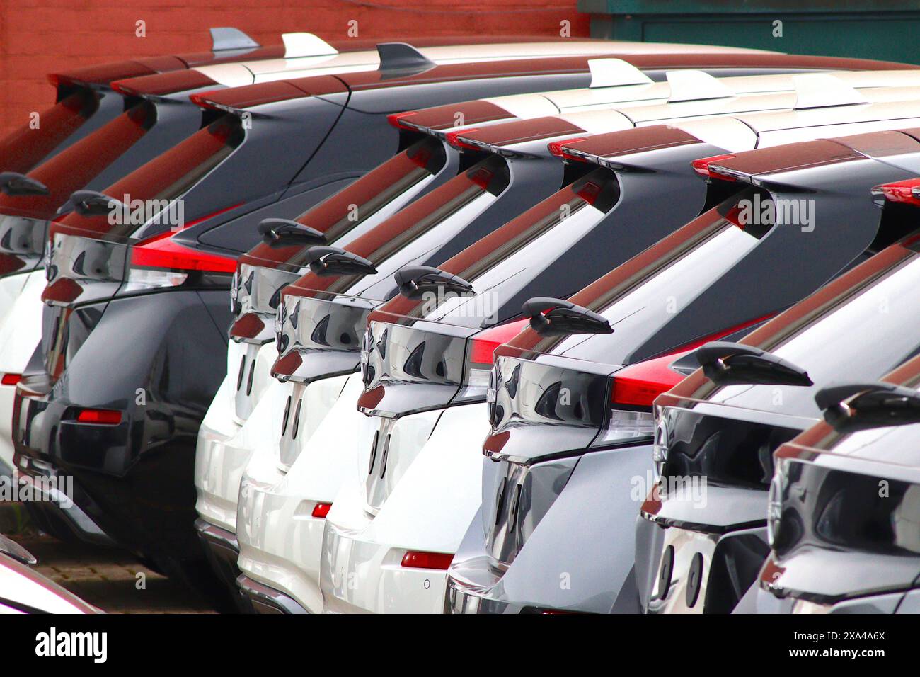 Recently imported Nissan Leaf electric vehicles (EVs) lined up in a ...