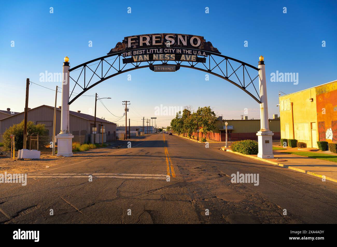 Fresno welcome sign over Van Ness Avenue in Fresno, California Stock ...