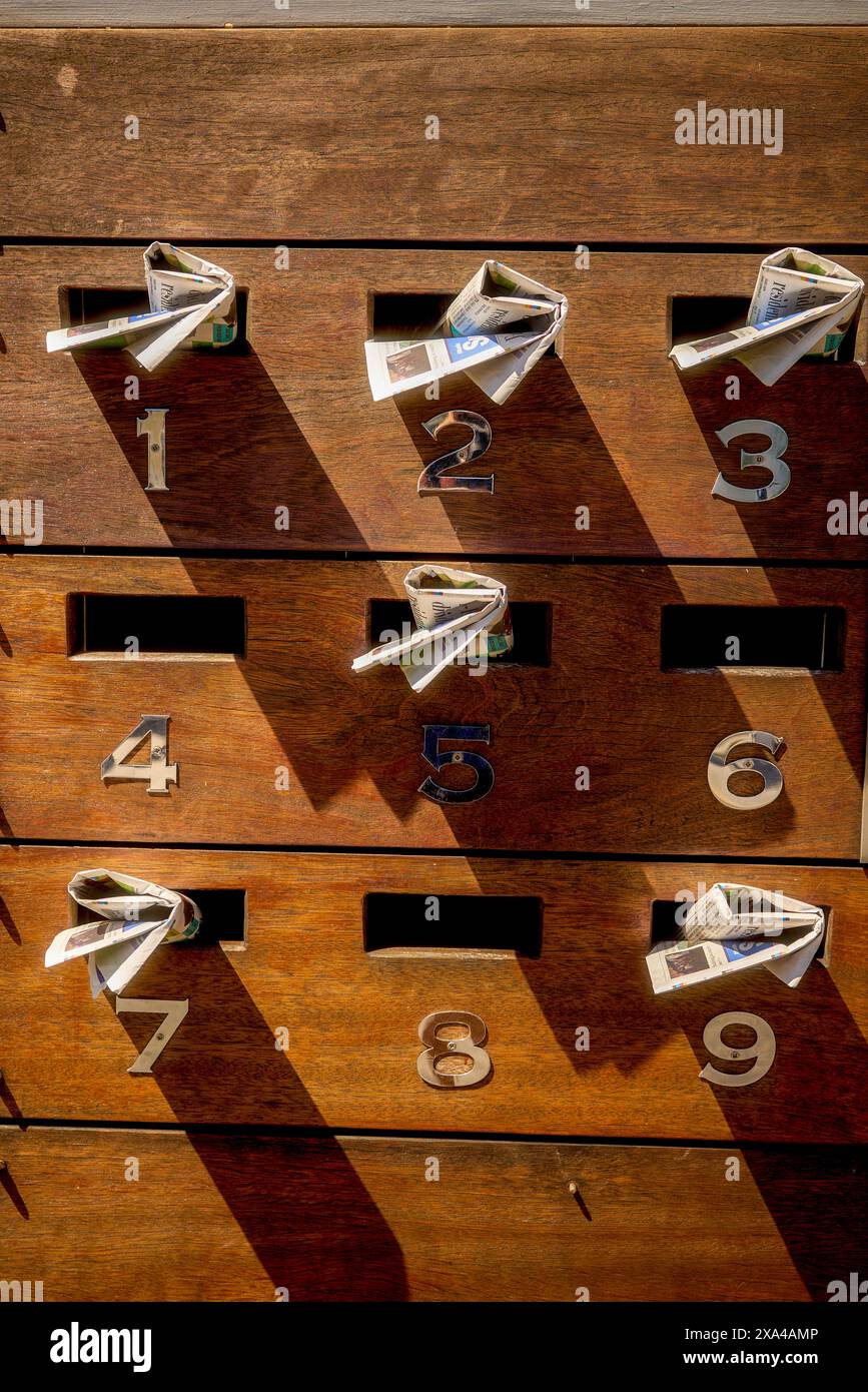 Vertical array wooden mailboxes numbers 1 9 hi-res stock photography ...