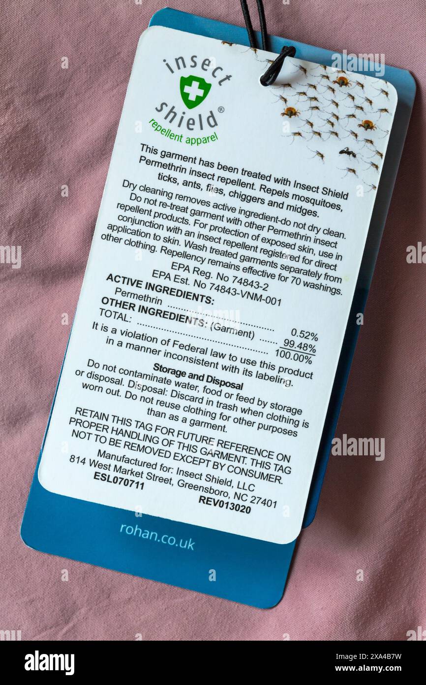 Insect shield repellent apparel information on Rohan label tag - label ...