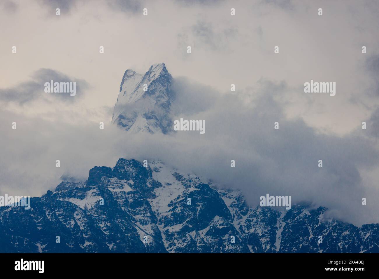 Annapurna South, Mardi Himal and Machapuchare mountain summits snow ...