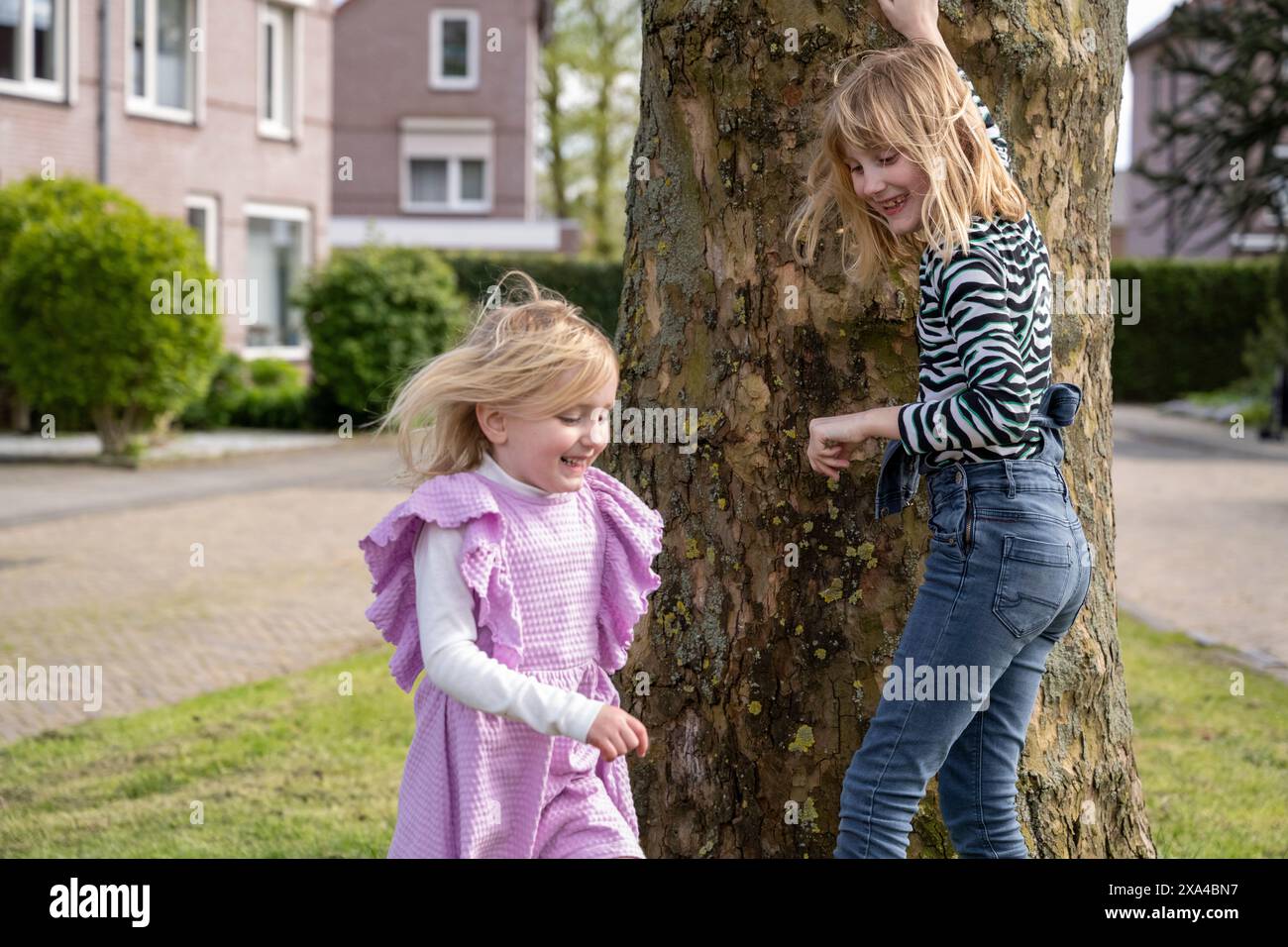 Two children are playing around tree residential area hi-res stock ...