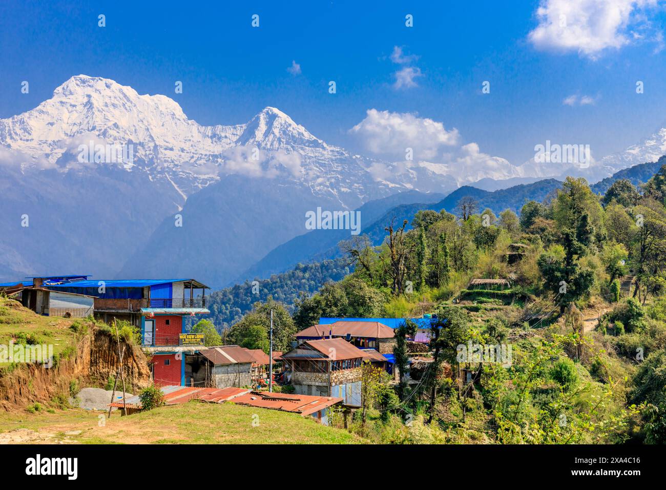 Annapurna South, Mardi Himal and Machapuchare mountain summits snow ...