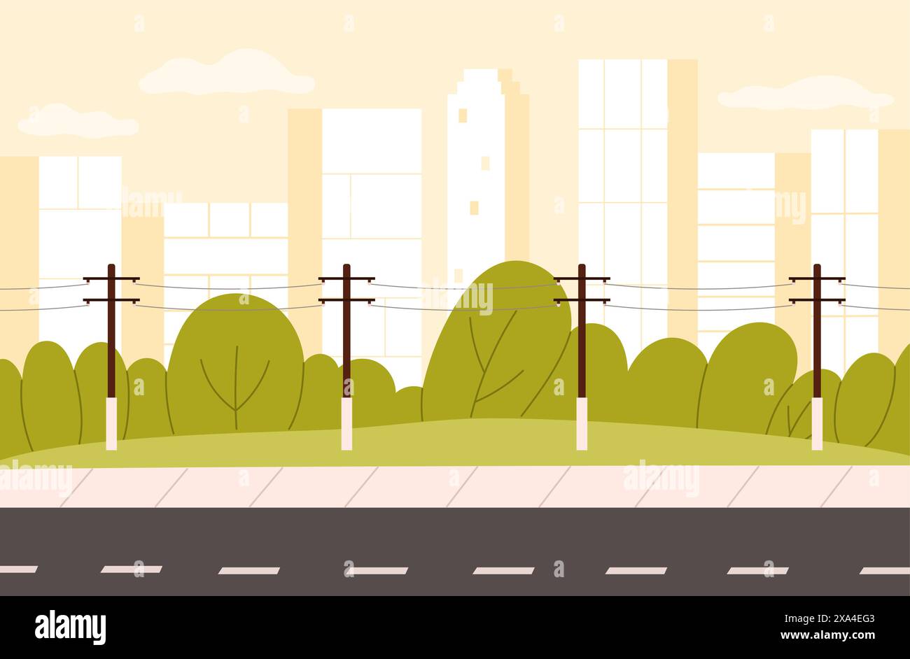 Modern cityscape, road with power lines and silhouettes of skyscrapers ...