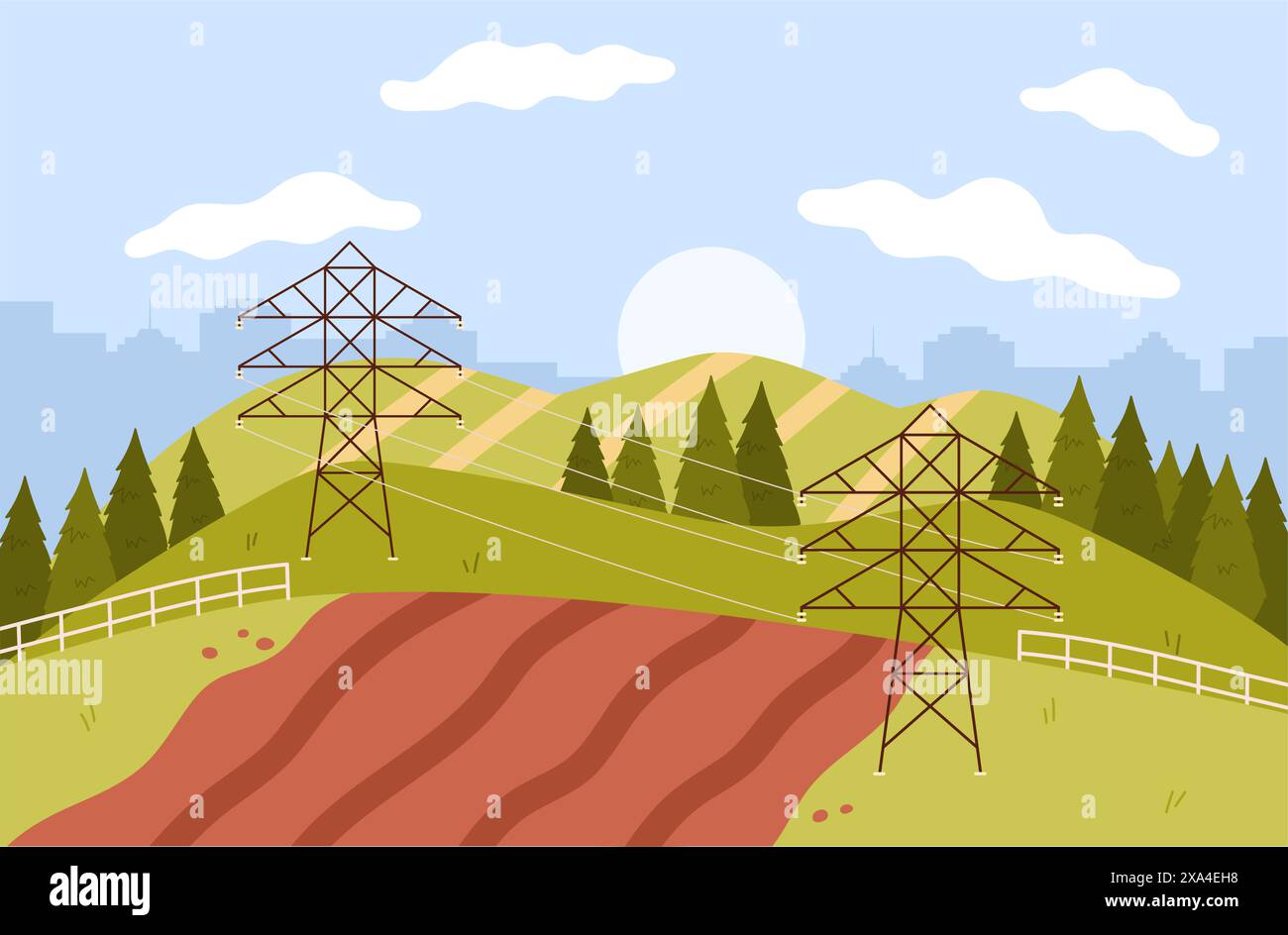Rural cute landscape with plowed field on hill, power poles vector ...