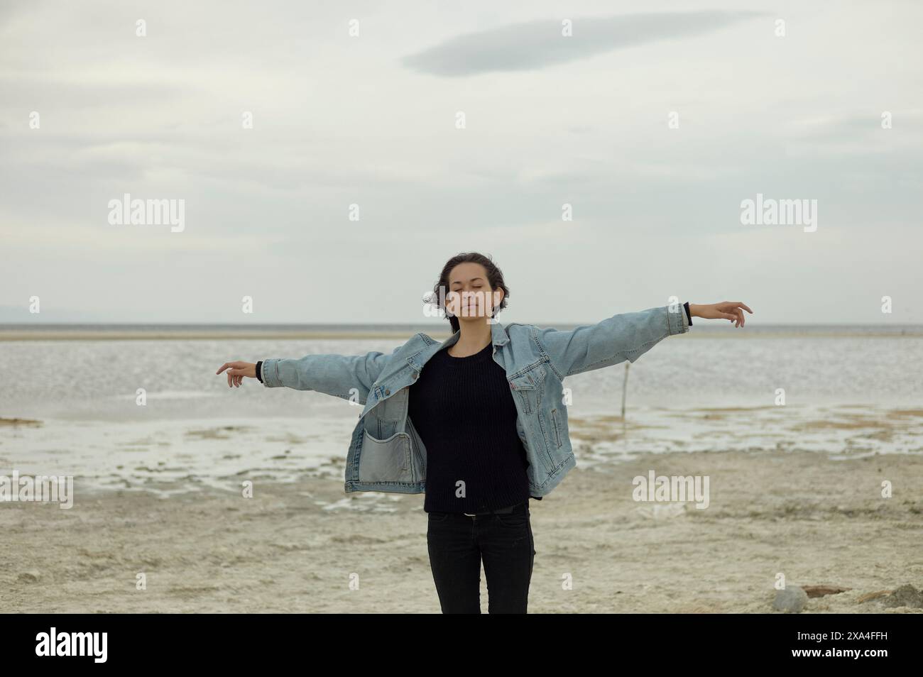 A person stands on a sandy shore, arms extended to the sides, with a ...