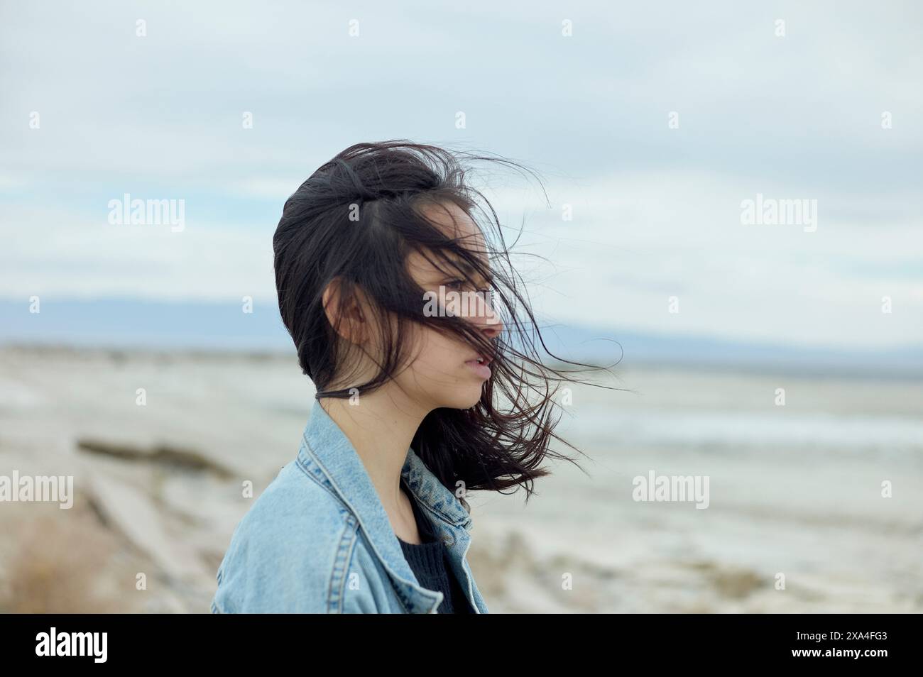 Woman stands beach hair blowing wind hi-res stock photography and ...
