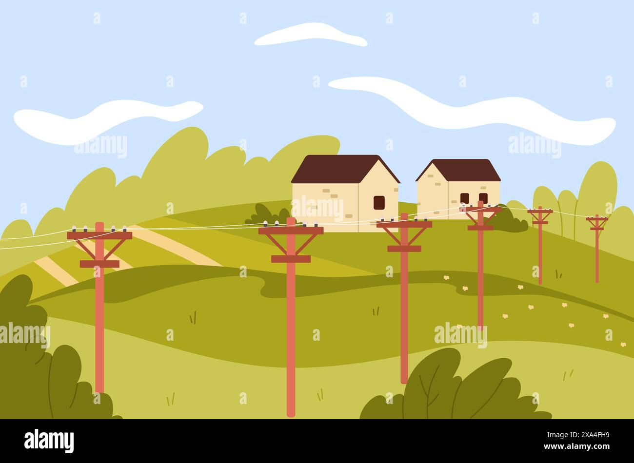 Village landscape with houses on green fields, high voltage electric ...