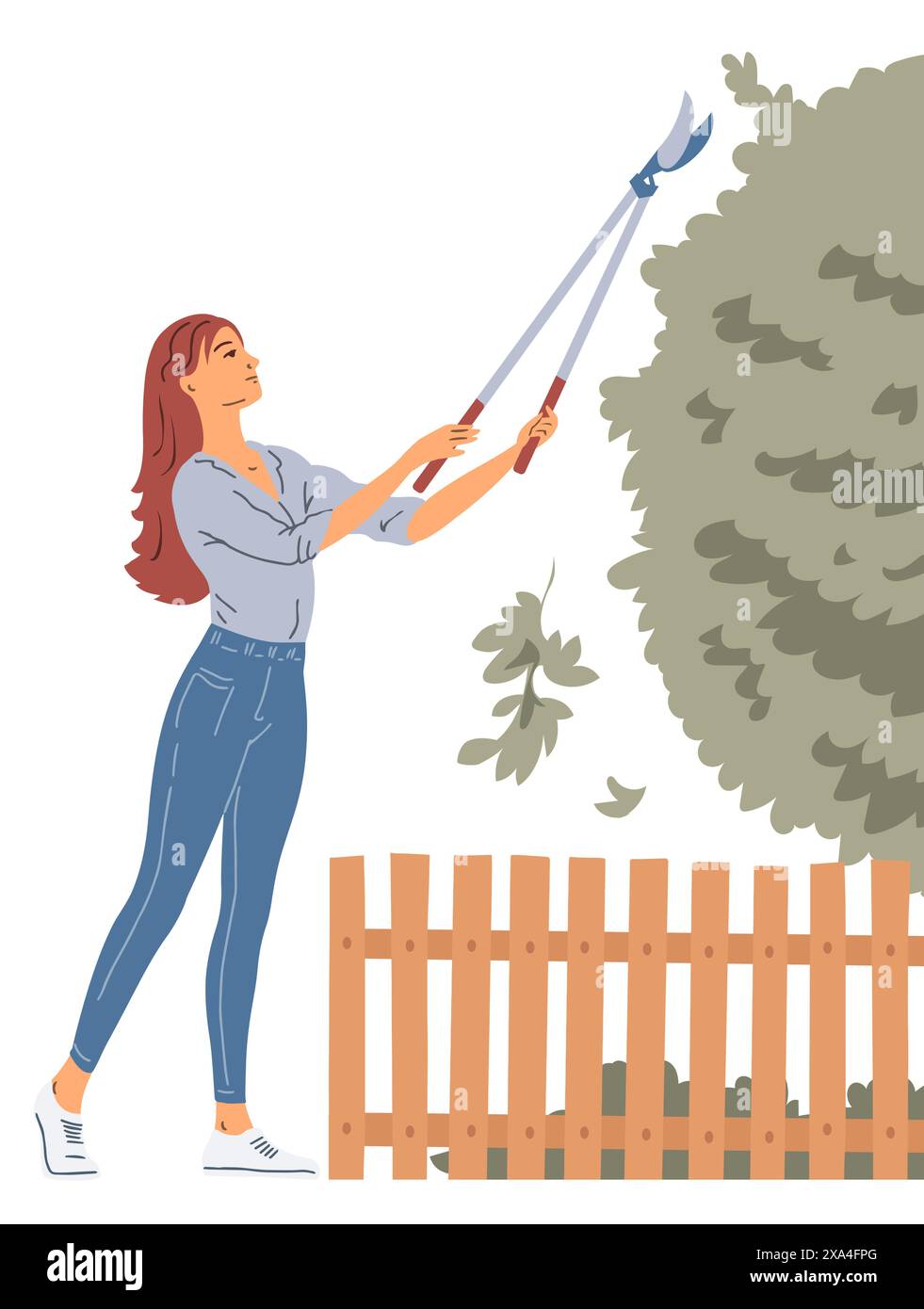 A young woman works in the garden. A girl trims the branches of a tree ...