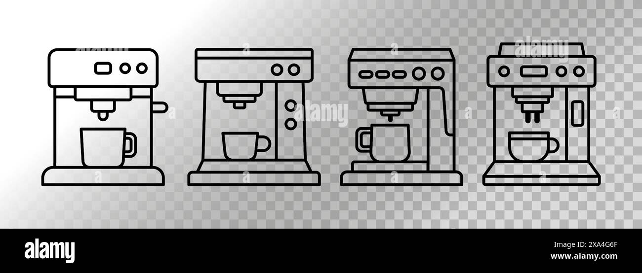 Set of black icons of coffee machines brewing coffee into a cup. For ...