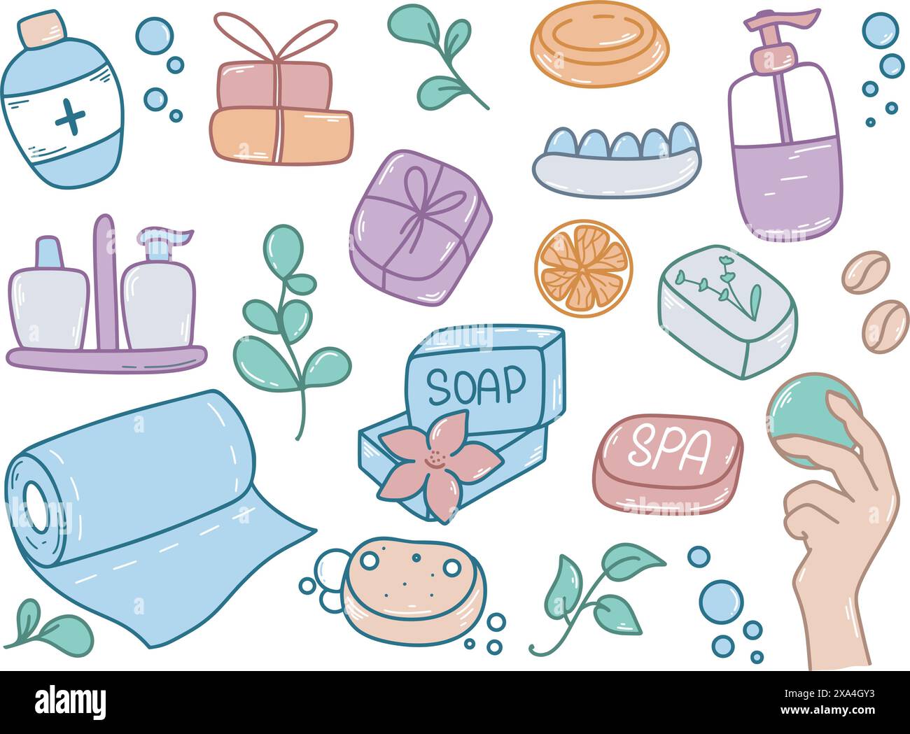 Set of hygiene items colored doodle sketch style set Stock Vector Image ...