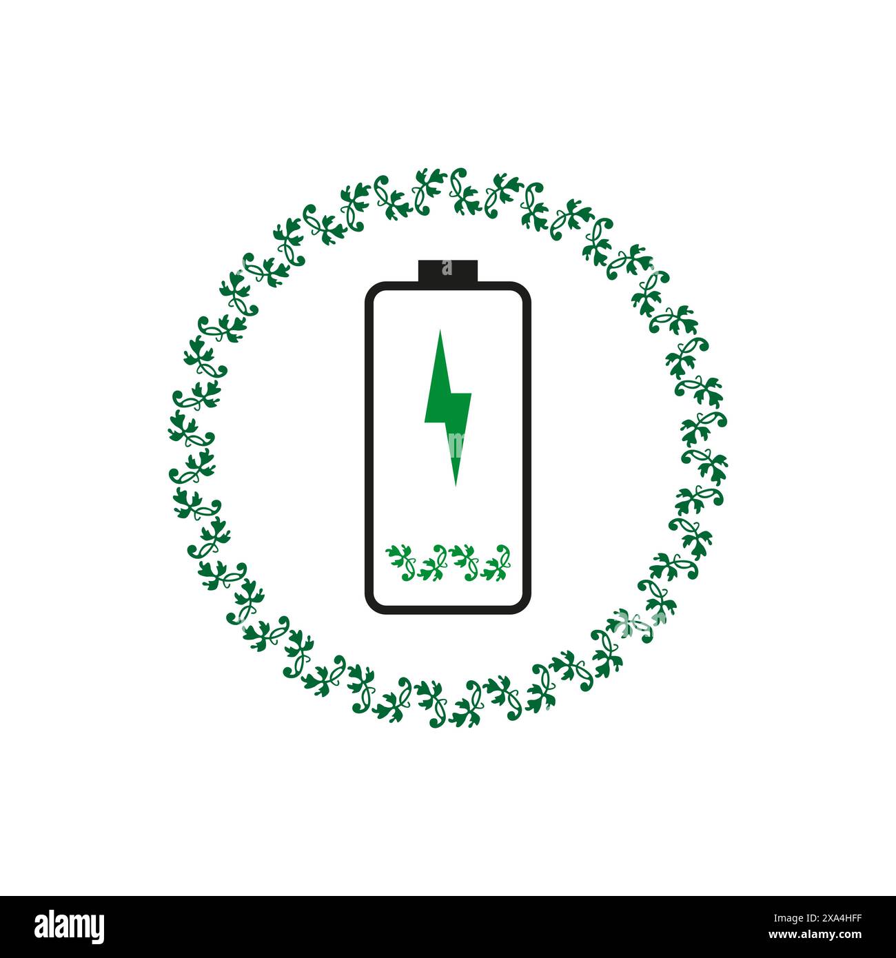 Battery enclosed in leafy wreath. Eco friendly energy. Green power ...