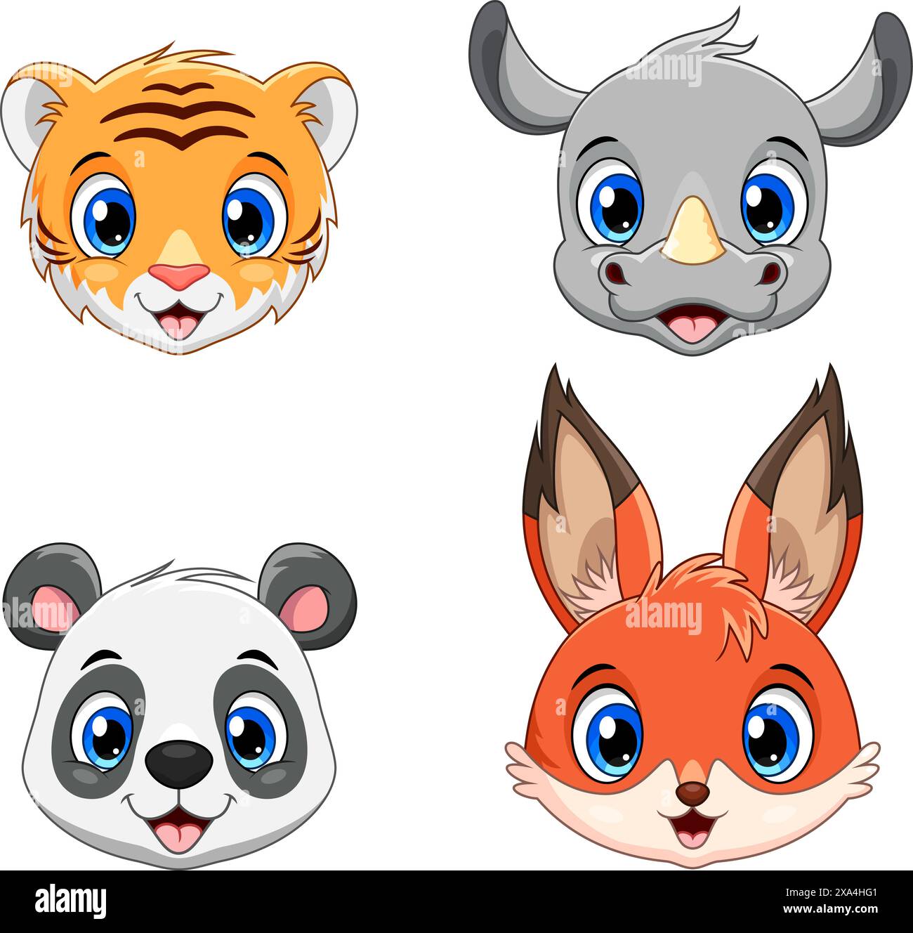 Cute animal face collection set. Tiger, Rhino, Panda and Fo Stock ...