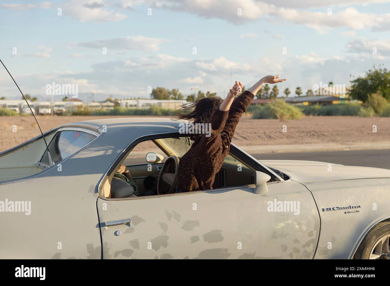 A person is seen joyfully sticking their arm out of the passenger ...