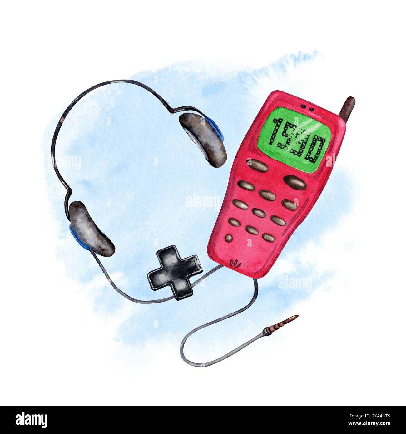 Old mobile phones, headset with a cord and gaming button composition ...