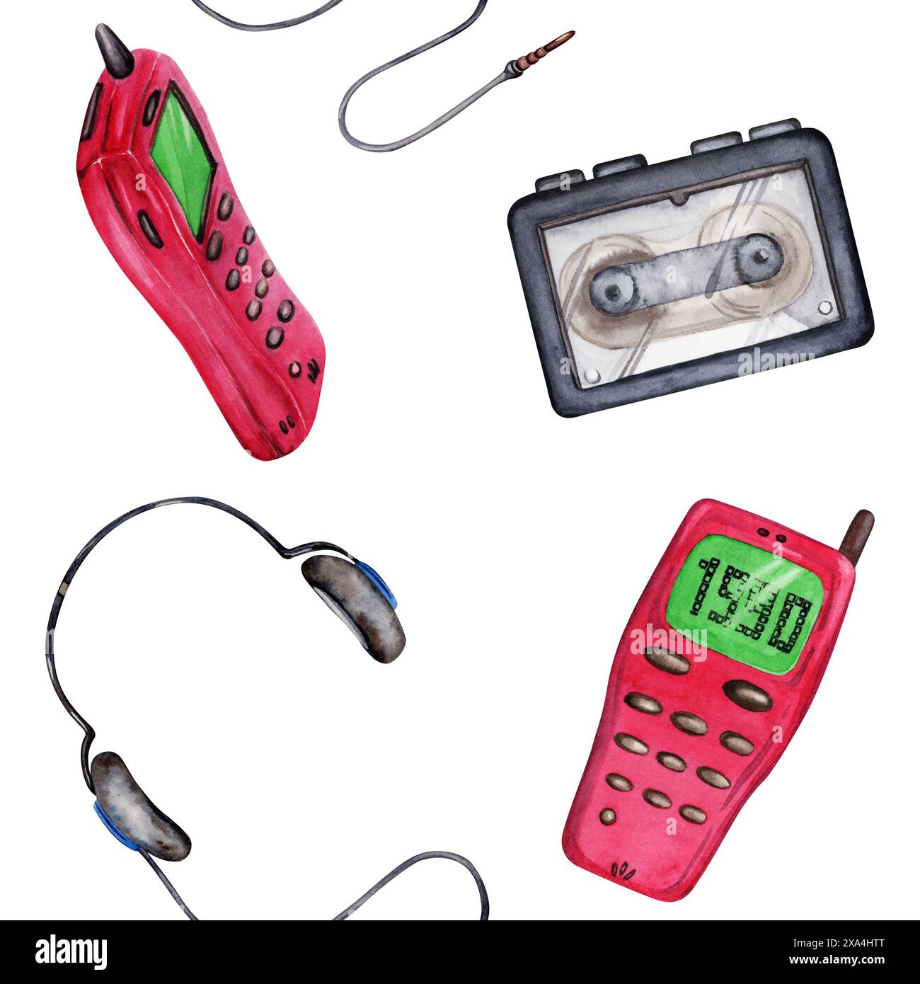 Old mobile phones, headset with a cord and portable player seamless ...