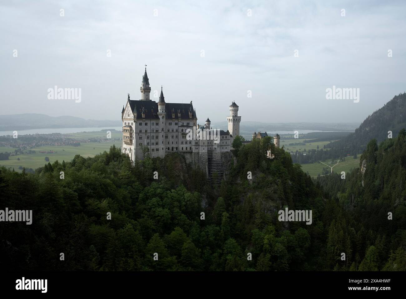 A majestic castle perched on a rugged hill surrounded by lush forests ...