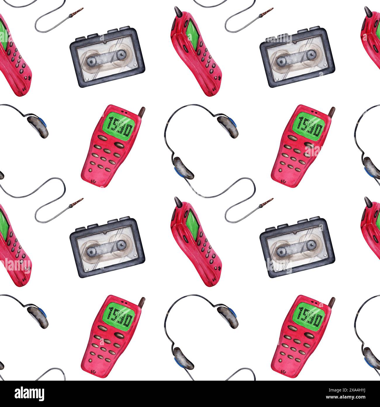 Old mobile phones, headset with a cord and portable player seamless ...