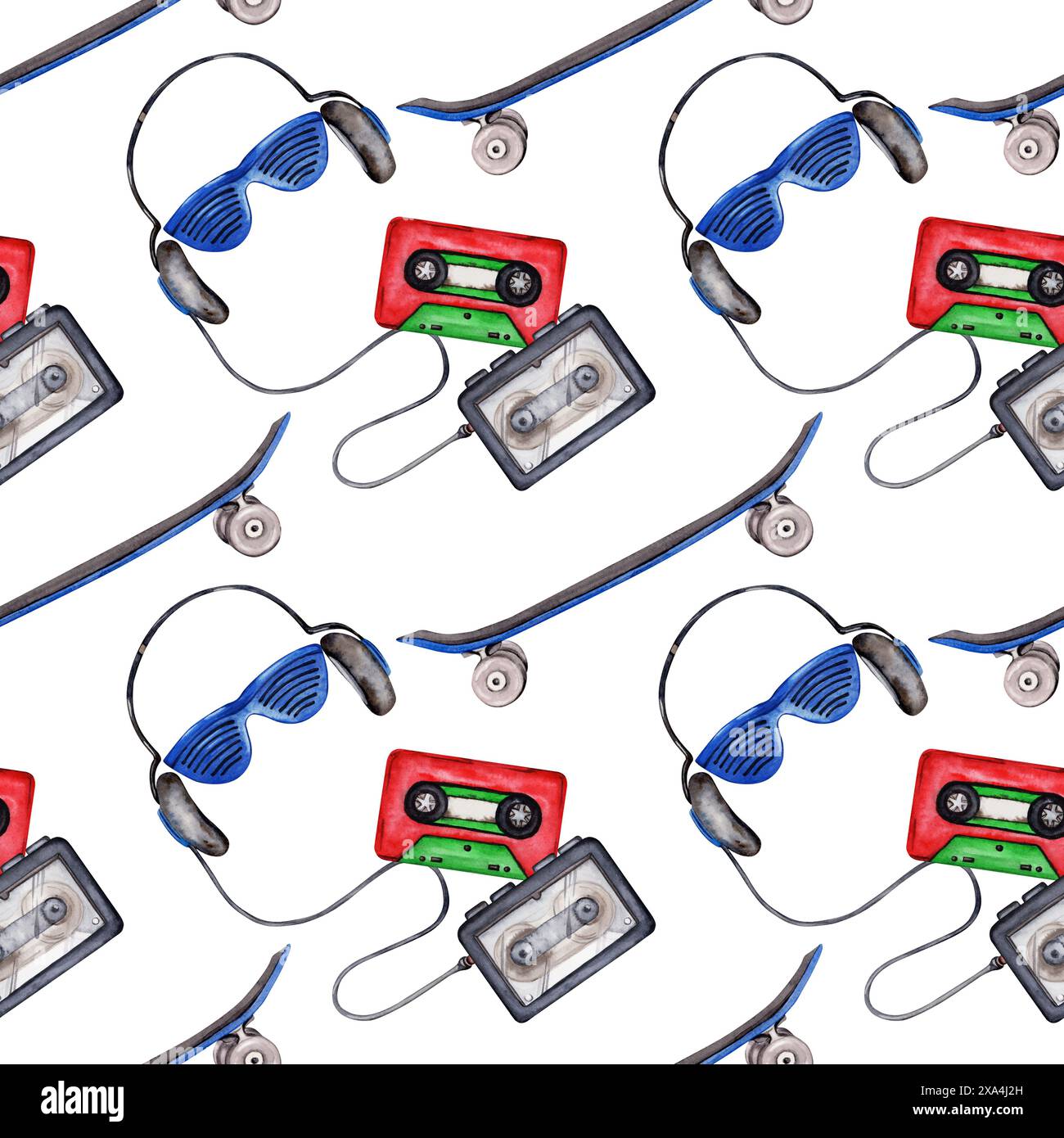 Headset with walkman and cassette seamless pattern. Sunglasses and ...