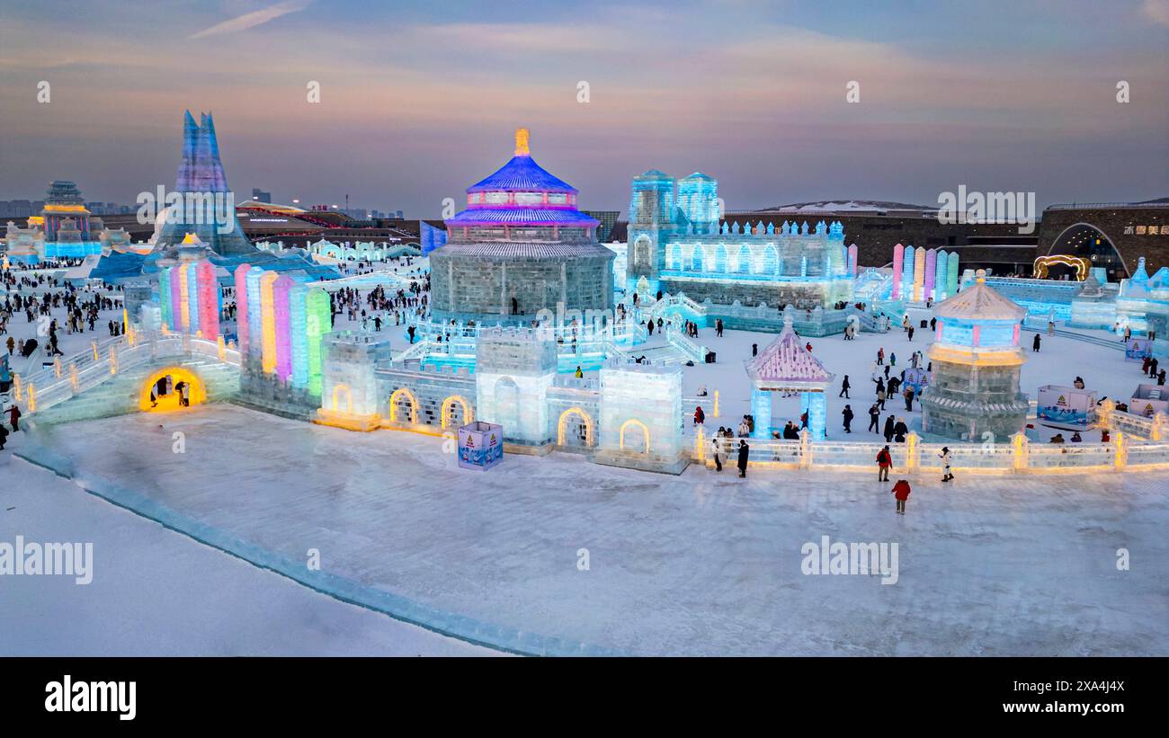 Aerial of the Illuminated buildings made out of ice, Ice International ...