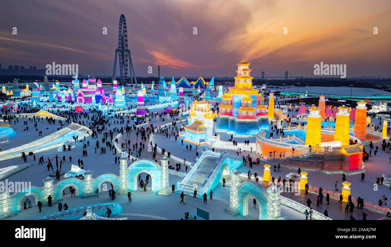 Aerial of the Illuminated buildings made out of ice, Ice International ...