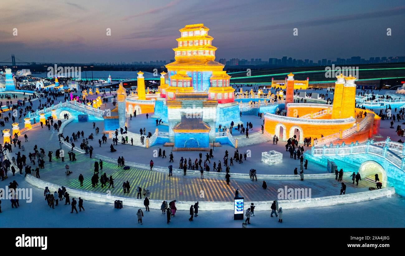 Aerial of the Illuminated buildings made out of ice, Ice International ...