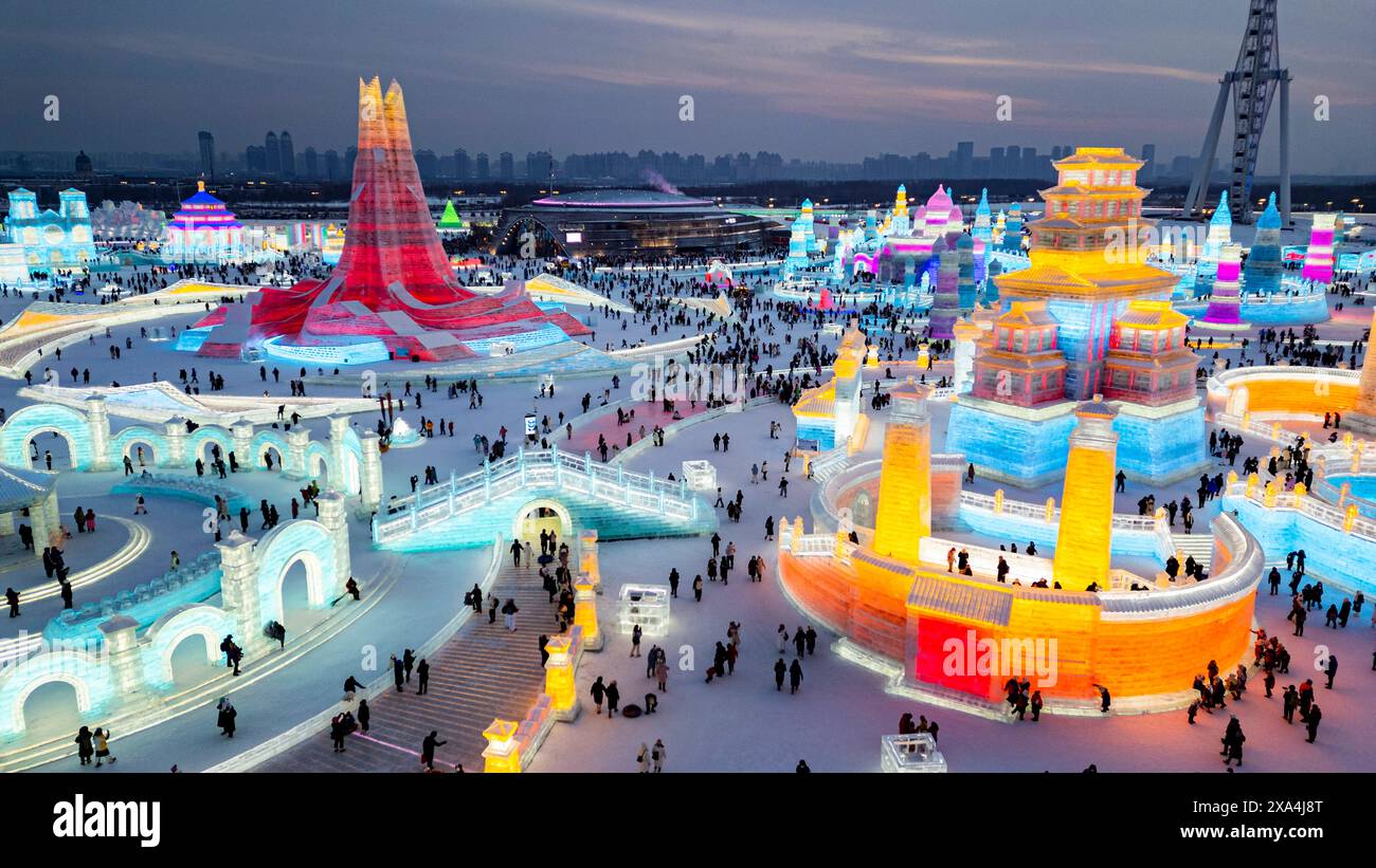 Aerial of the Illuminated buildings made out of ice, Ice International ...