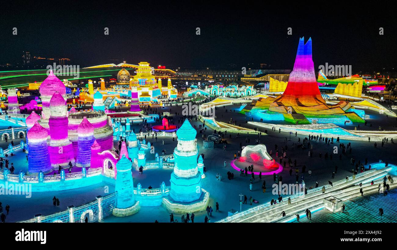 Aerial of the Illuminated buildings made out of ice, Ice International ...