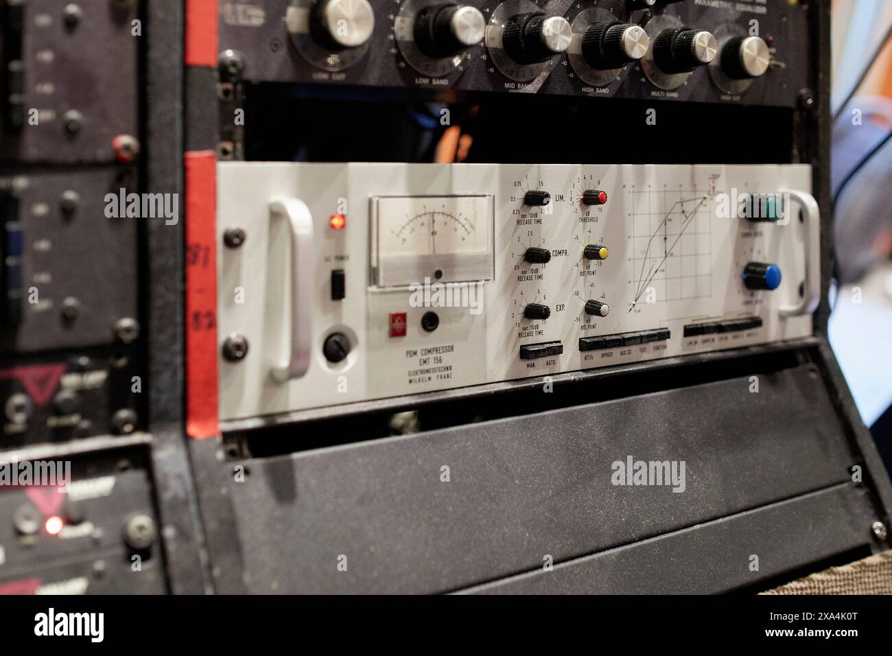 A close-up of an electronic device featuring dials, switches, meters ...