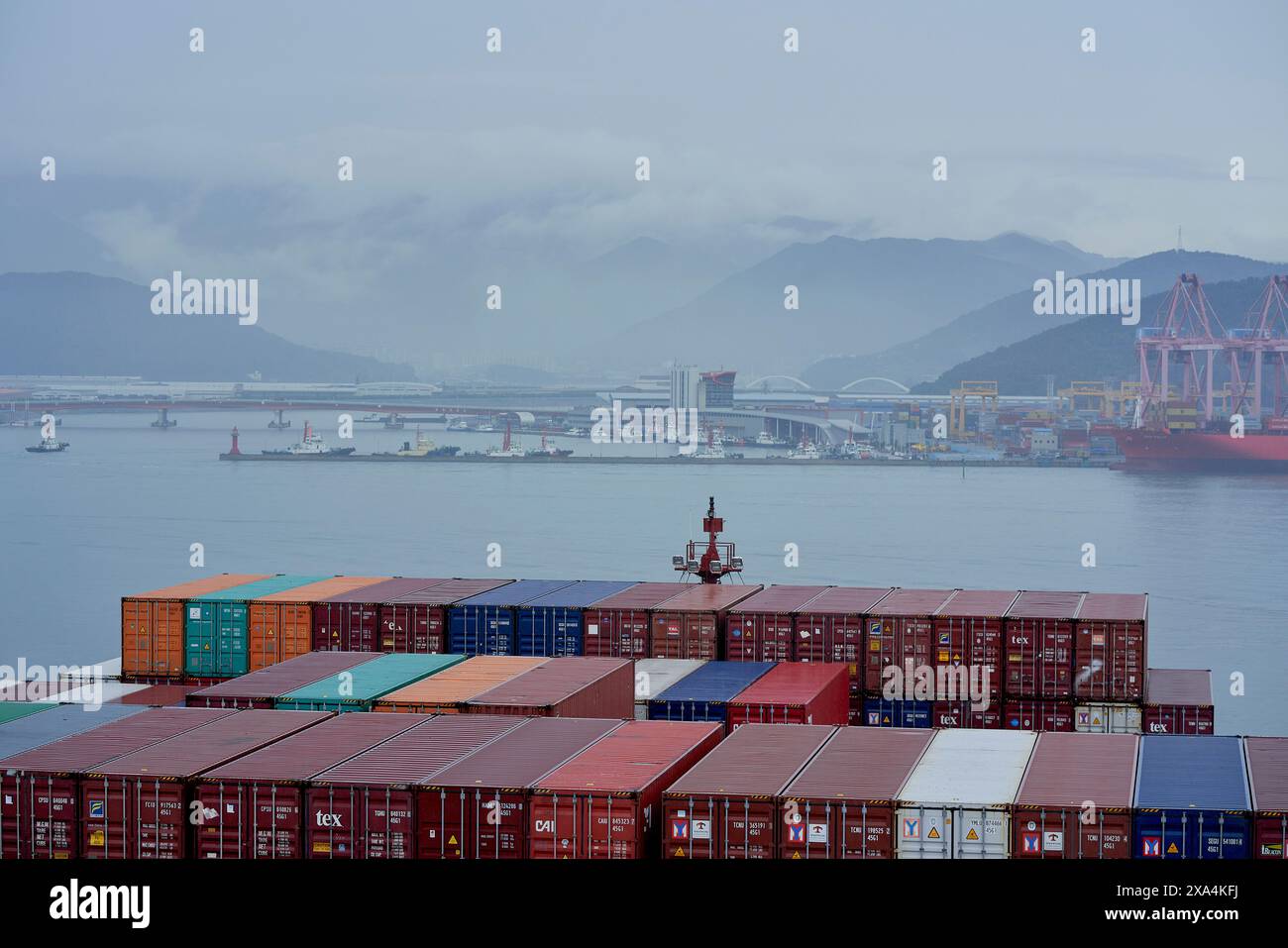 Stacks colorful shipping containers port cranes ships background hi-res ...