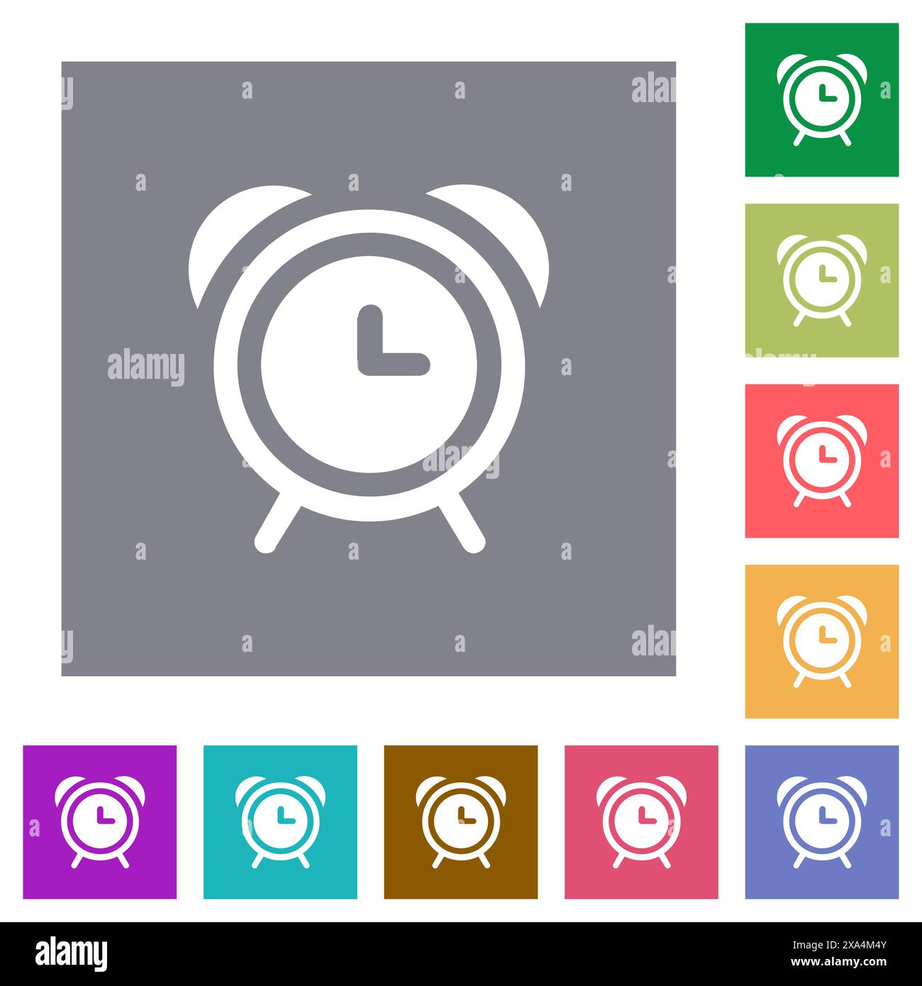Retro alarm clock solid flat icons on simple color square backgrounds ...
