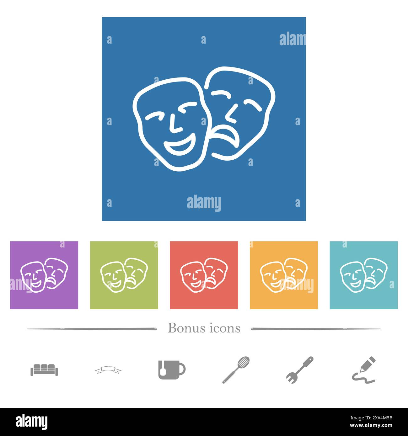 Theatrical masks outline flat white icons in square backgrounds. 6 ...