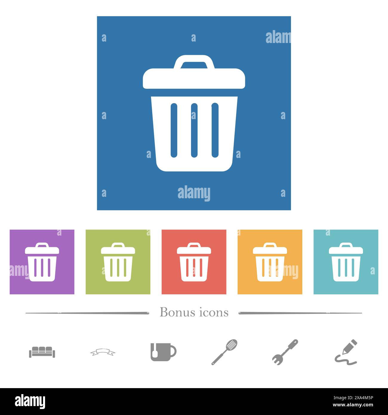 Trash solid flat white icons in square backgrounds. 6 bonus icons ...