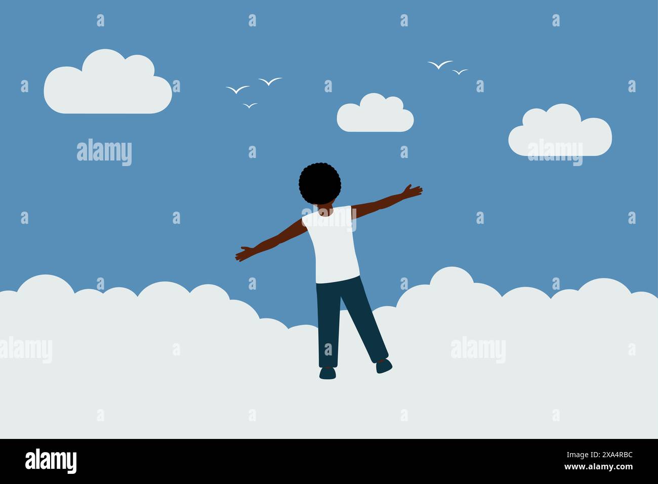 little boy dream about flying with birds in the sky vector illustration ...