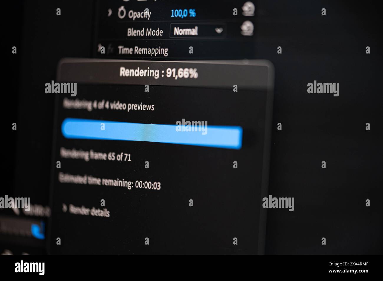 A computer screen displaying a rendering progress bar at 91.66% with ... A computer screen displaying a rendering progress bar at 91.66% with ...
