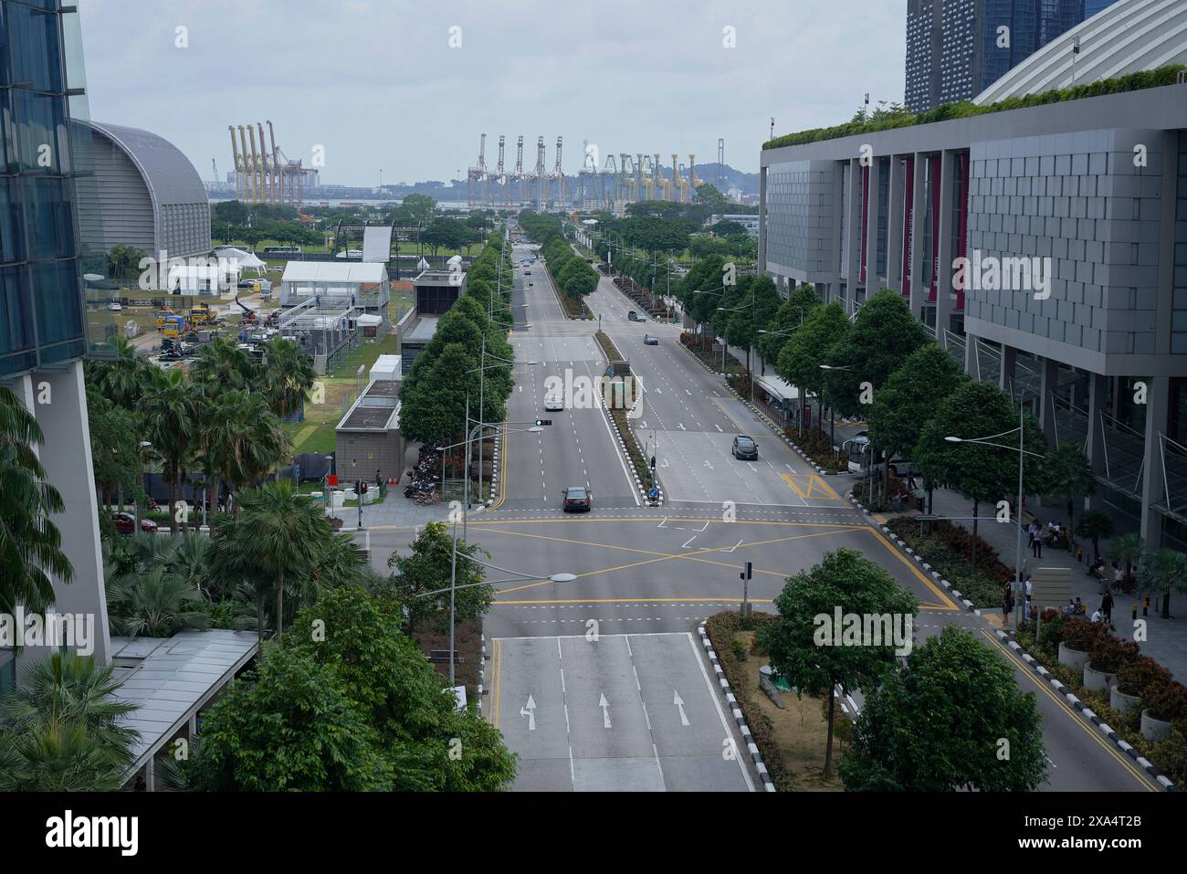 Elevated view of a modern city street lined with trees and buildings ...