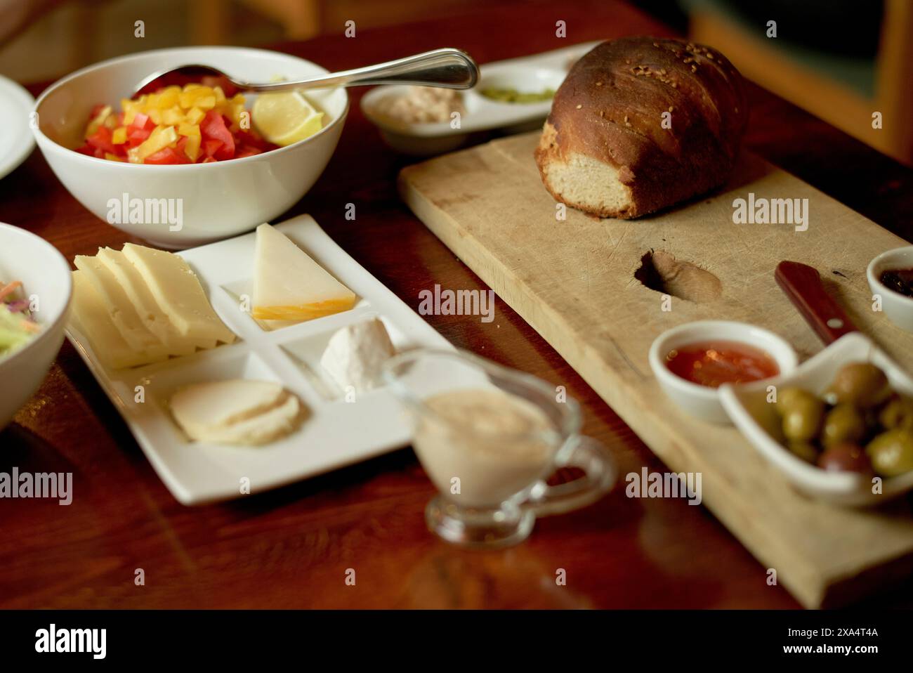Wholesome breakfast spread wooden table featuring bowl chopped fruit hi ...