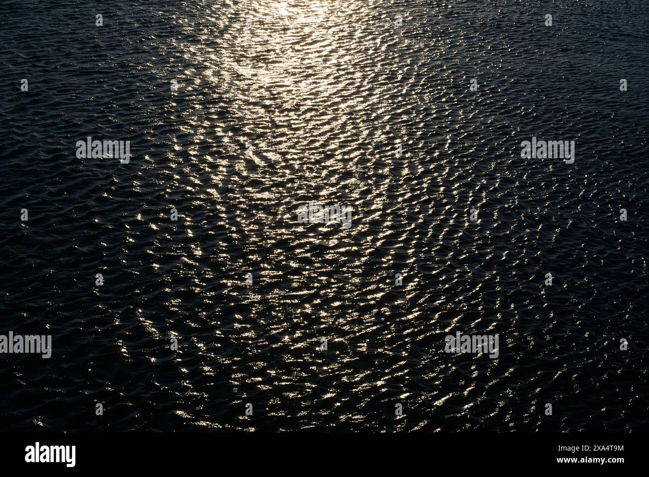 Sunlight reflecting on the rippling surface of a body of water at dusk ...