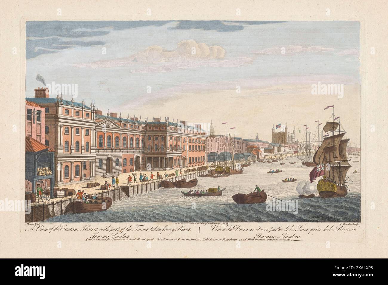A georgian era vintage print coloured engraving of the Custom House ...