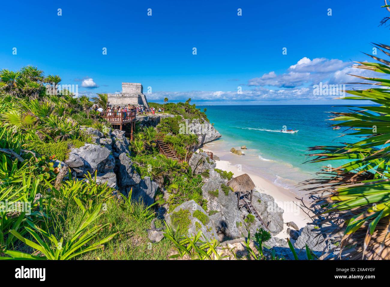 View of Mayan Temple ruins overlooking the sea, Tulum, Quintana Roo ...