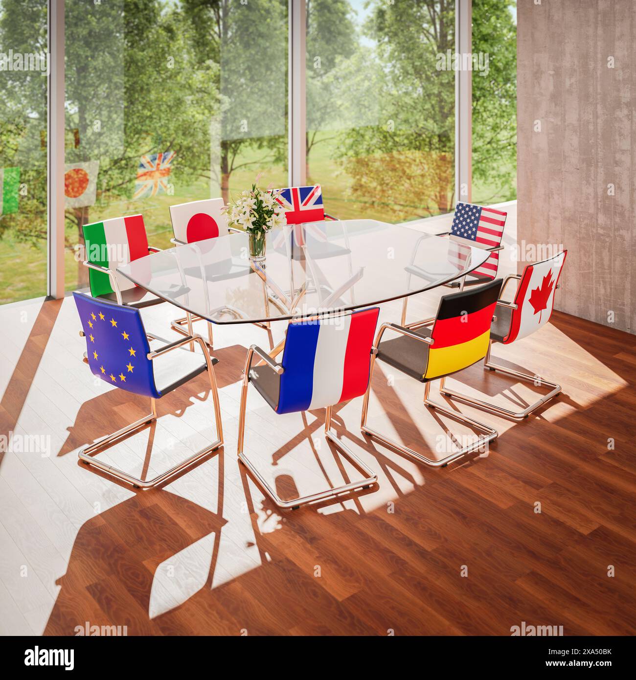 3d render. Concept: Conference Room for a G7 meeting with chairs with ...