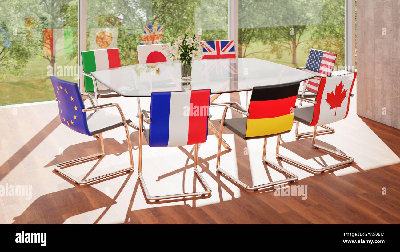 3d render. Concept: Conference Room for a G7 meeting with chairs with ...