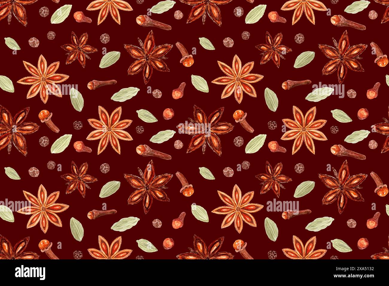 Star anise, cardamom, clove, black pepper watercolor seamless pattern on brown background ...