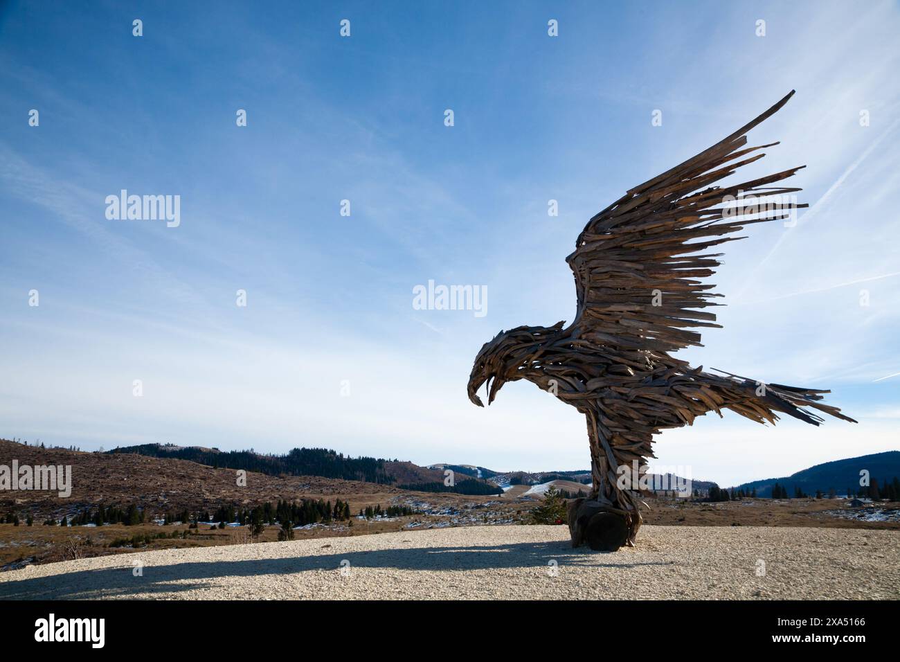 Wooden sculpture of an eagle made of tree branches. Vaia storm eagle ...