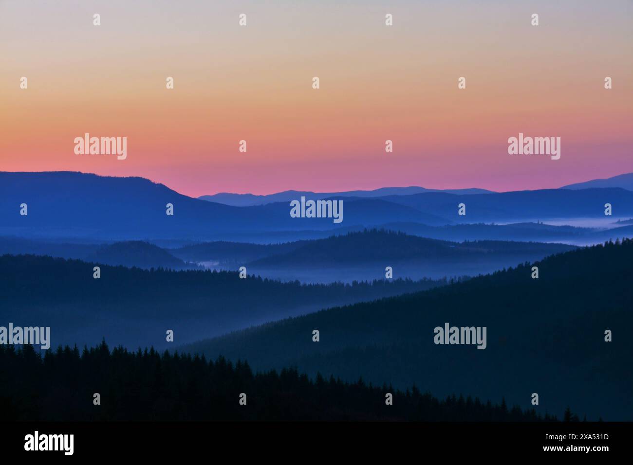 A mountain landscape at dawn, fog filling the valley between peaks in the early morning Stock ...
