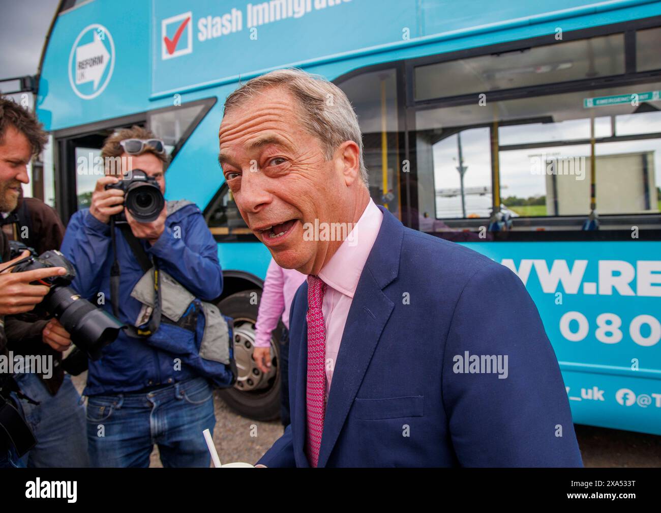 London, UK. 4th June, 2024. Nigel Farage drinks a banana milkshake ...