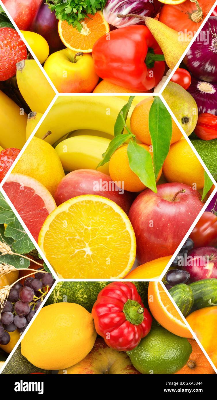 Set of vegetables and fruits. Collage. Mosaic pattern. Vertical photo ...