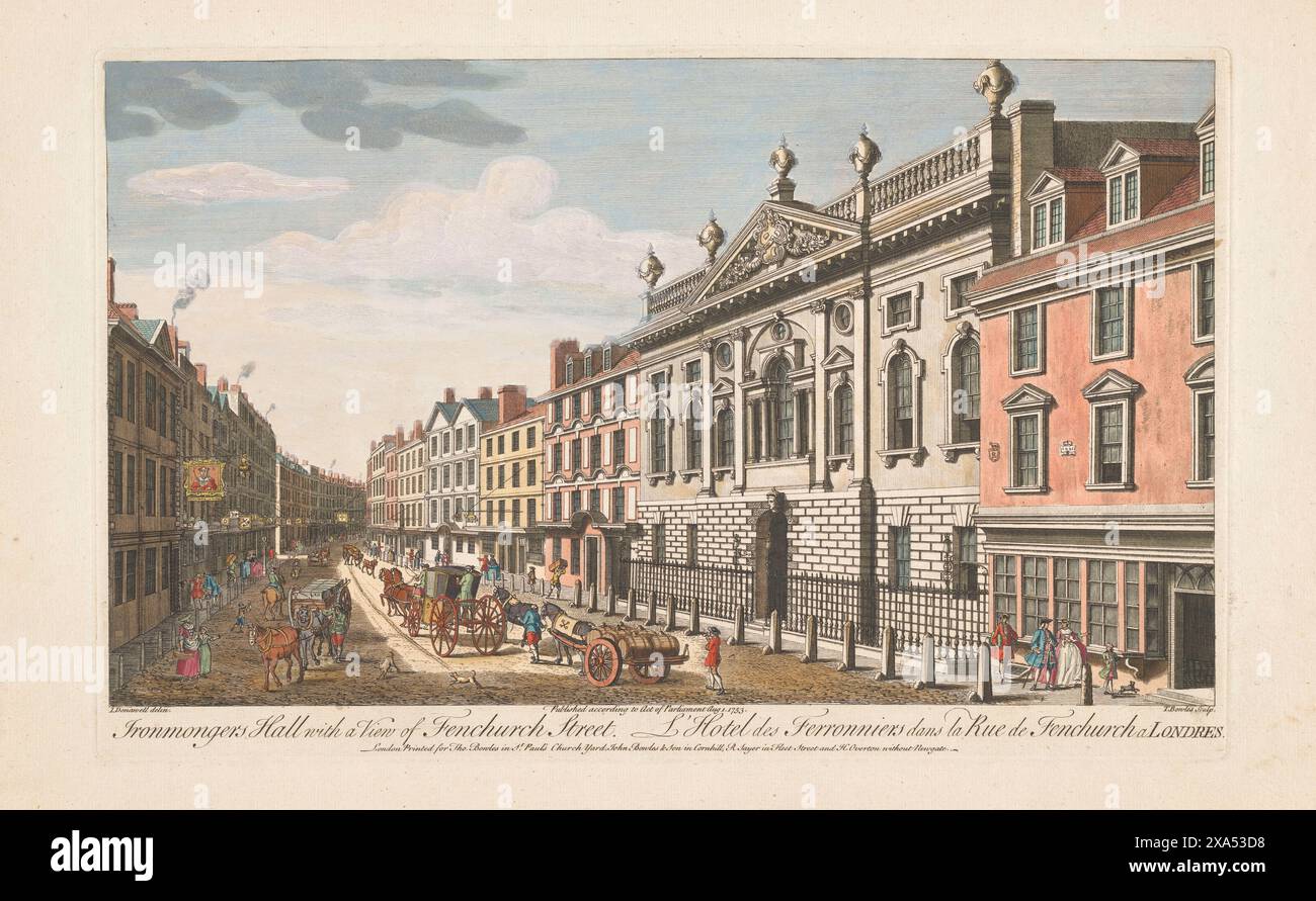 A print coloured engraving of Ironmongers Hall on Fenchurch St London ...